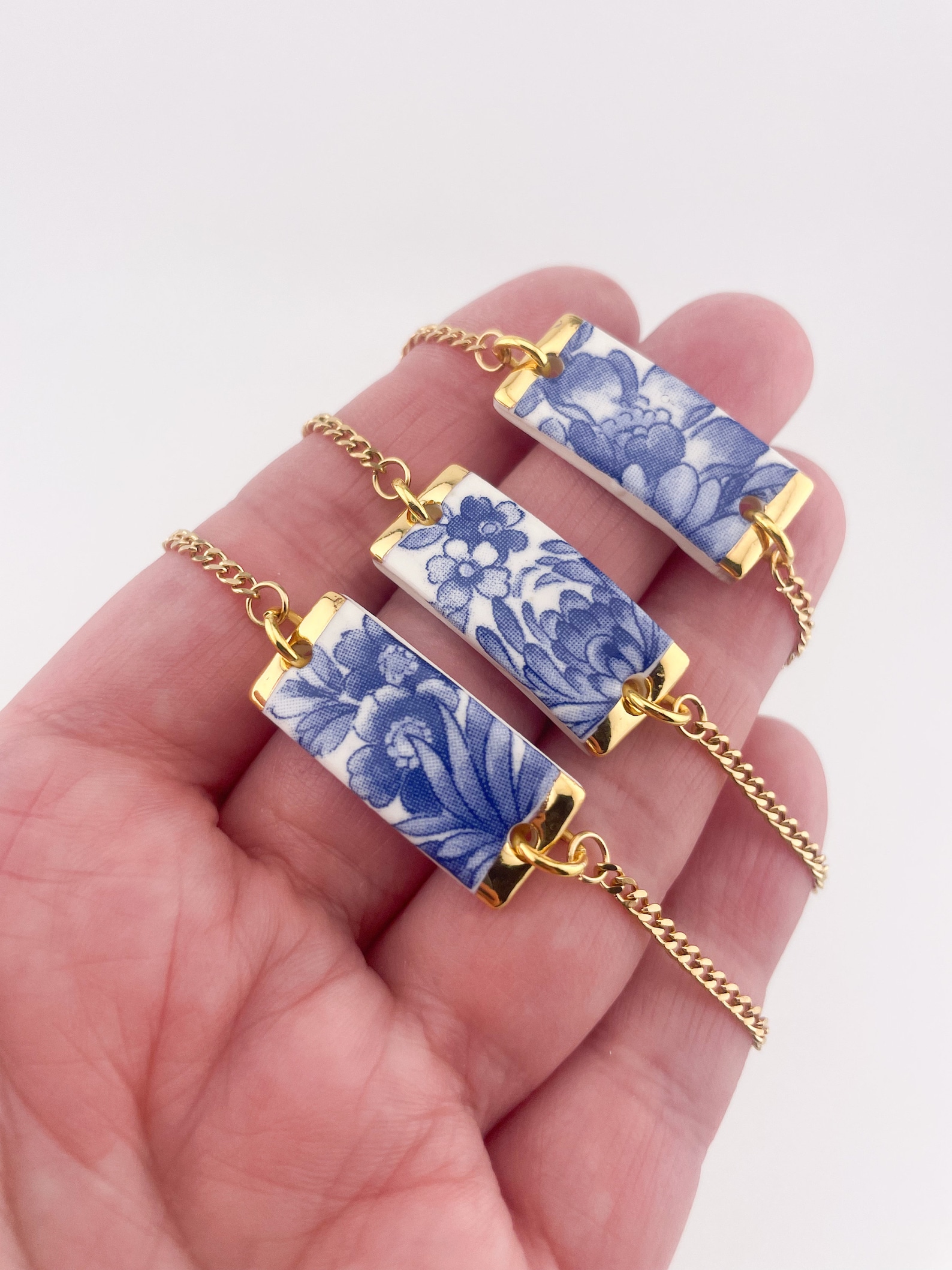 Vintage Blue China - Wide Rectangle Porcelain Blacelet With Gold Tips ...