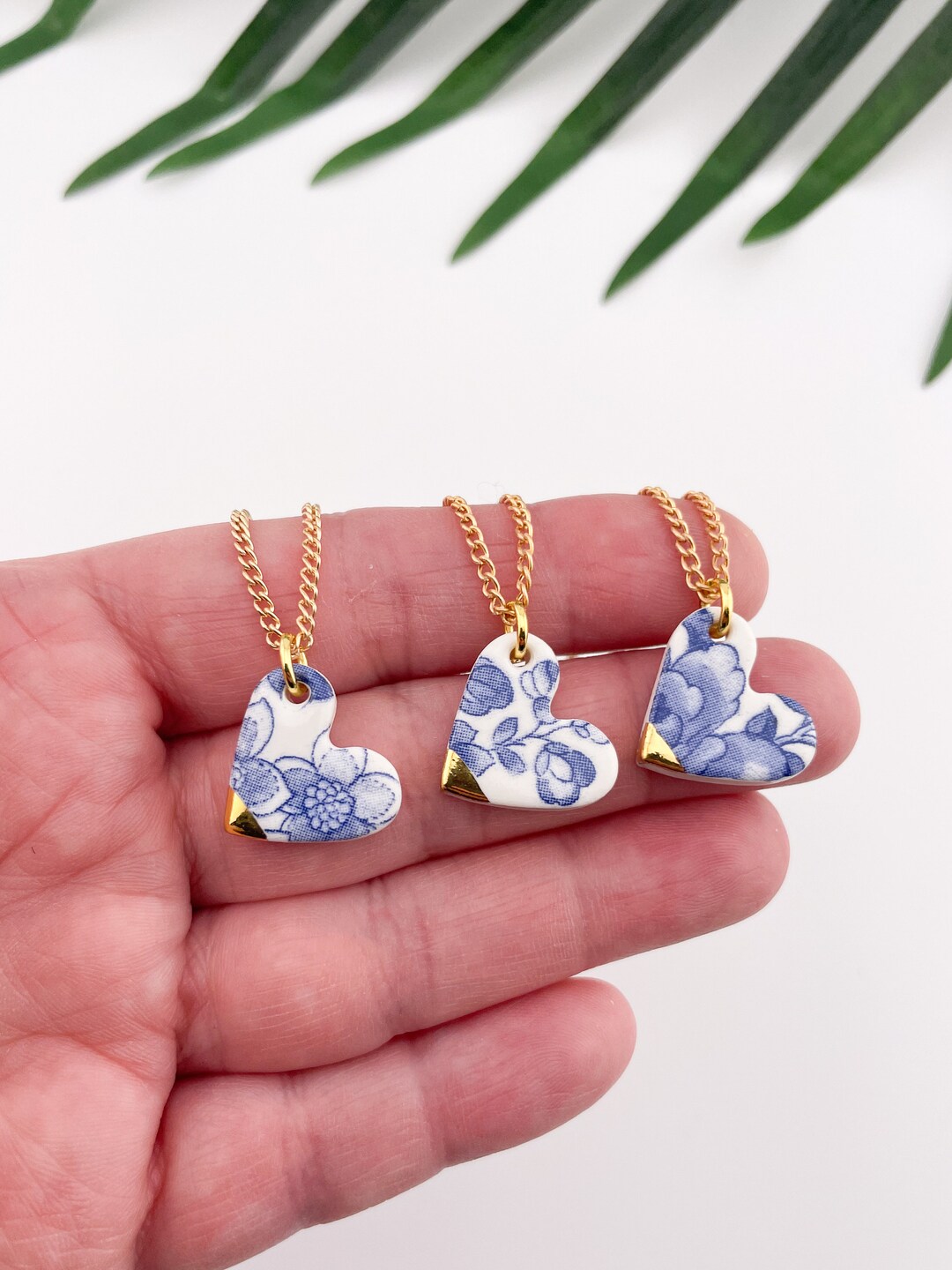 Vintage Blue China Heart Necklace - 18'' Gold Plated Chain, Delft Blue ...