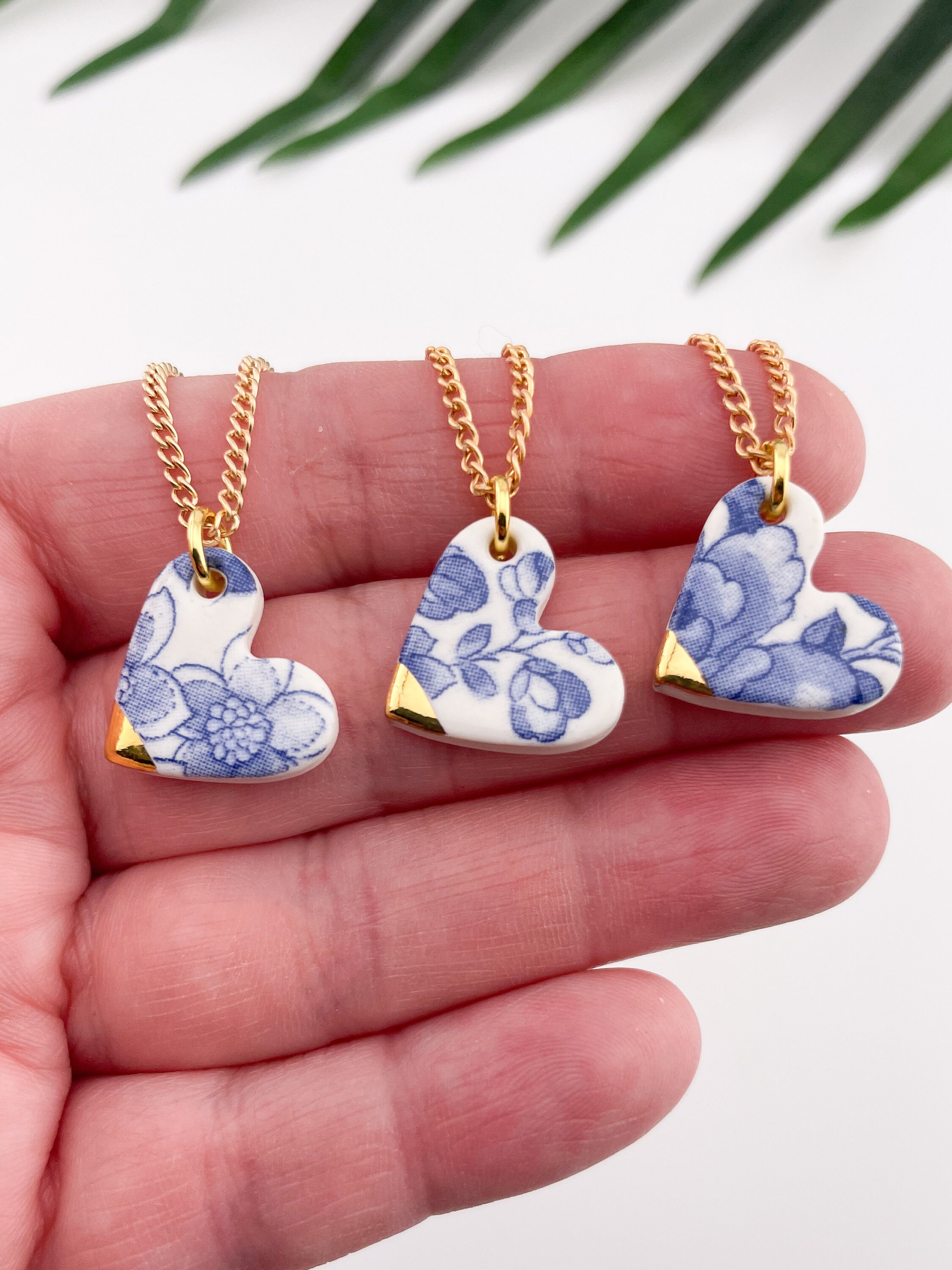 Vintage Blue China Heart Necklace - 18'' Gold Plated Chain, Delft Blue ...