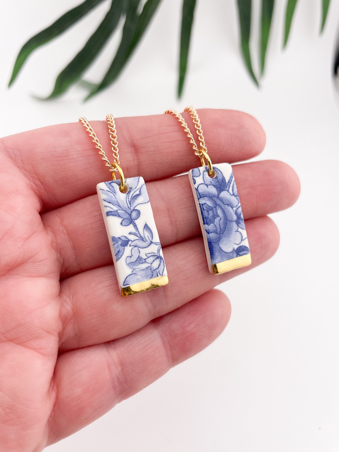 Vintage Blue China Rectangle Necklace - 18'' Gold Plated Chain, Delft ...