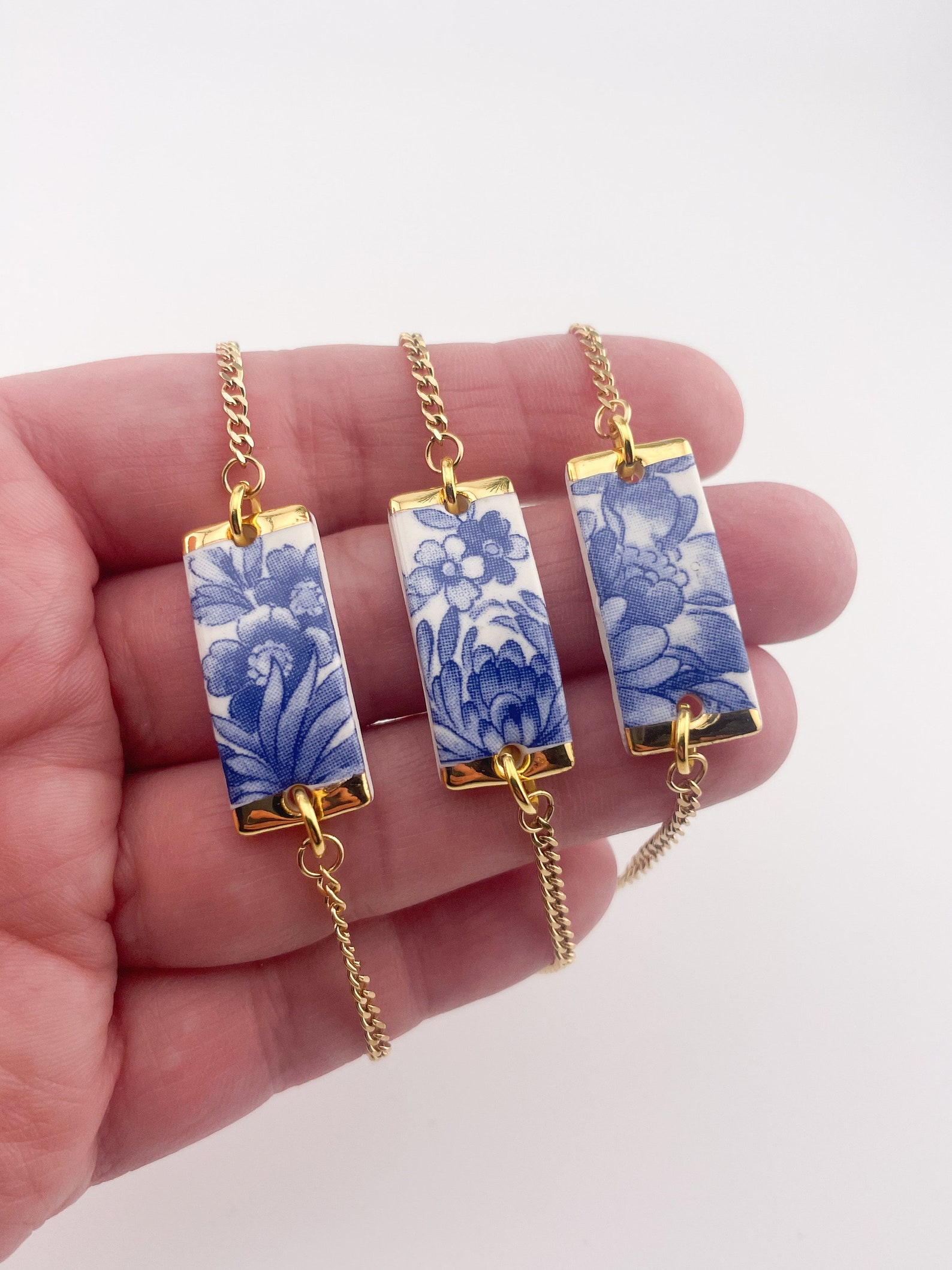 Vintage Blue China - Wide Rectangle Porcelain Blacelet With Gold Tips ...