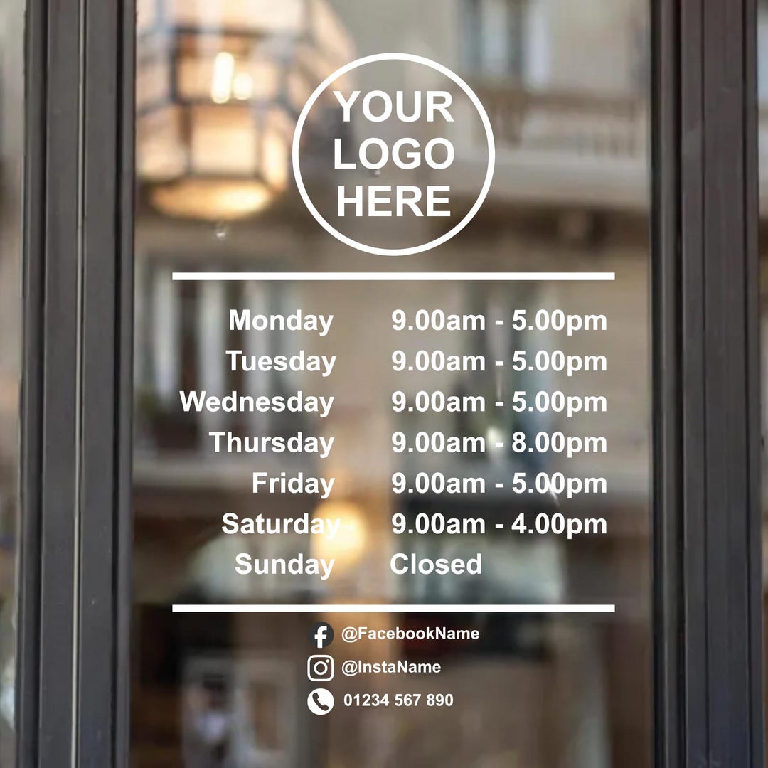 Custom Business Logo Window Decal, Store Hours Sign, Vinyl Shop Front ...