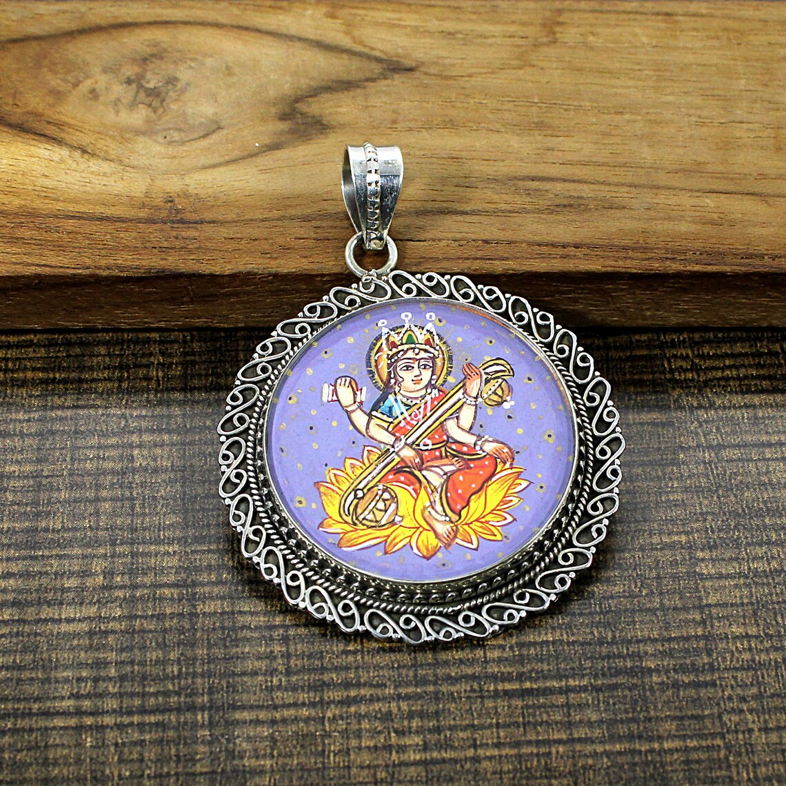 Hindu Deity Pendant 925 Sterling Silver Glass Frame Boho - Etsy
