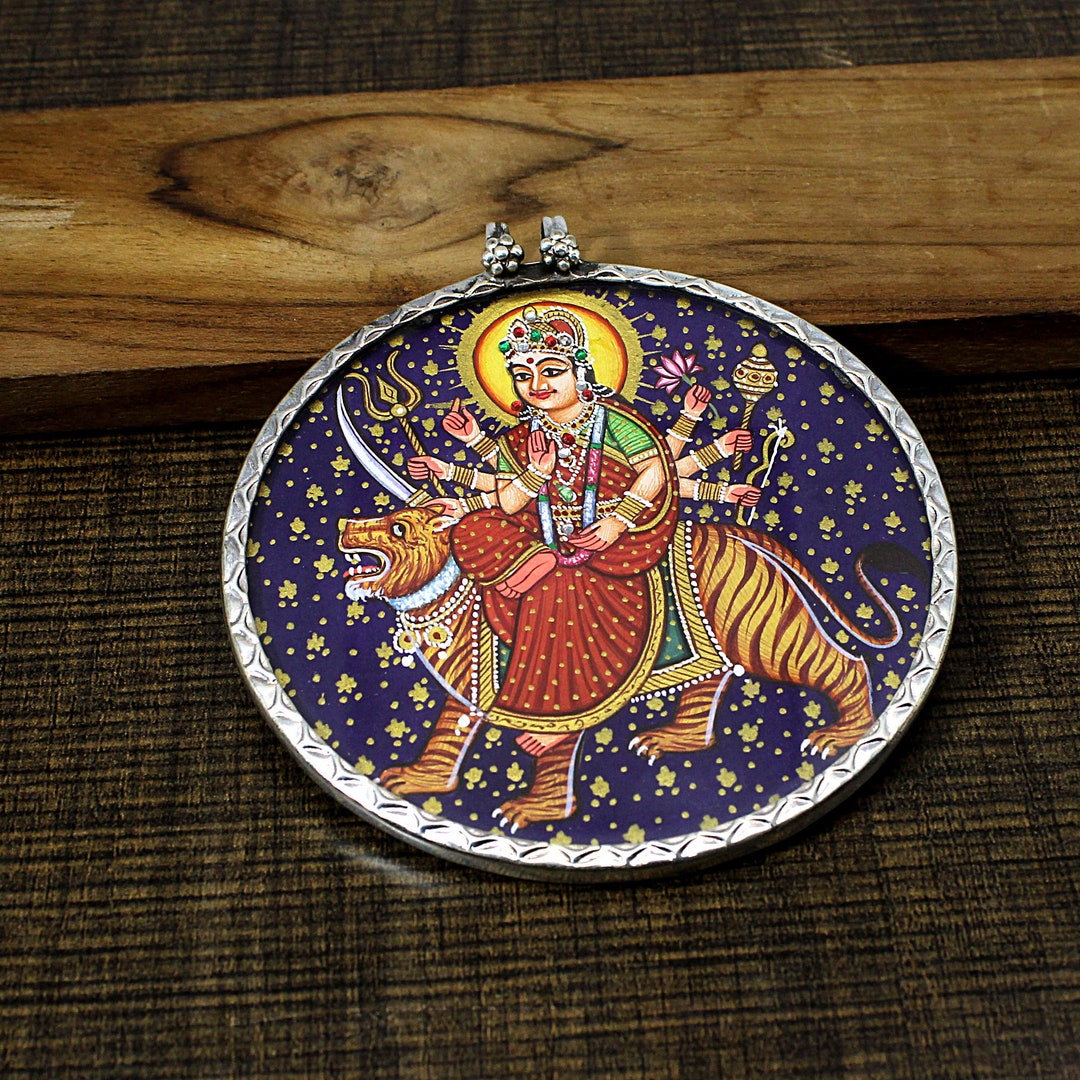 Durga Goddess Handmade Pendant 925 Sterling Silver Glass Frame Hindu ...