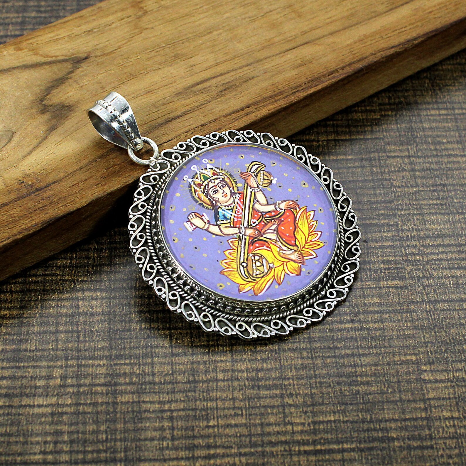 Hindu Deity Pendant 925 Sterling Silver Glass Frame Boho - Etsy