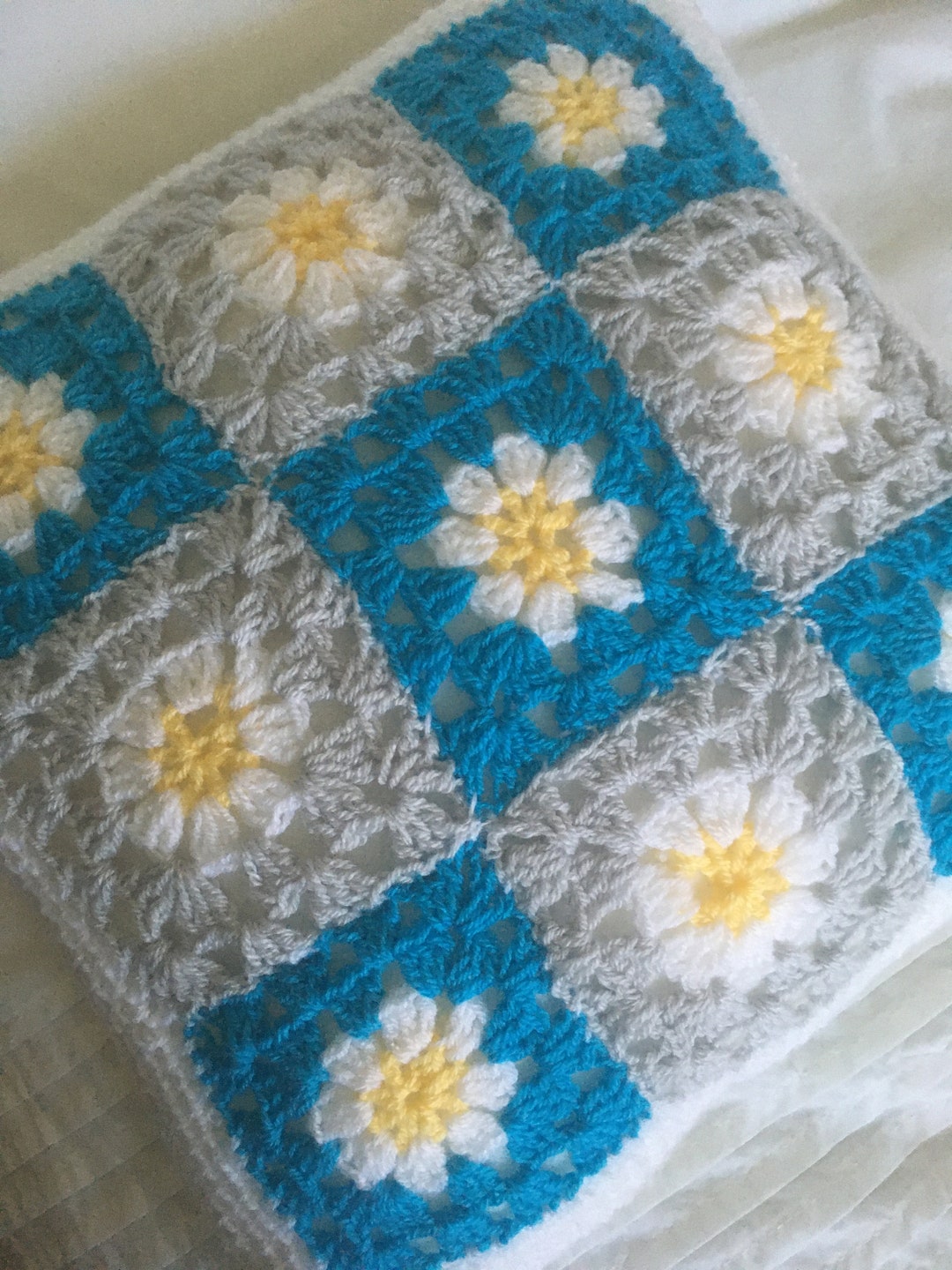 Home and Garden, Quiet Time, Blue Daisy Crocheted Cushion Cover - Etsy
