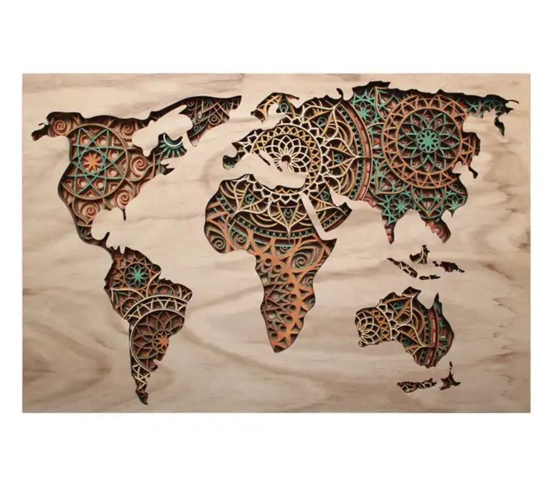 Wood World Map Mandala Wall Art, Wooden Mandala - Etsy