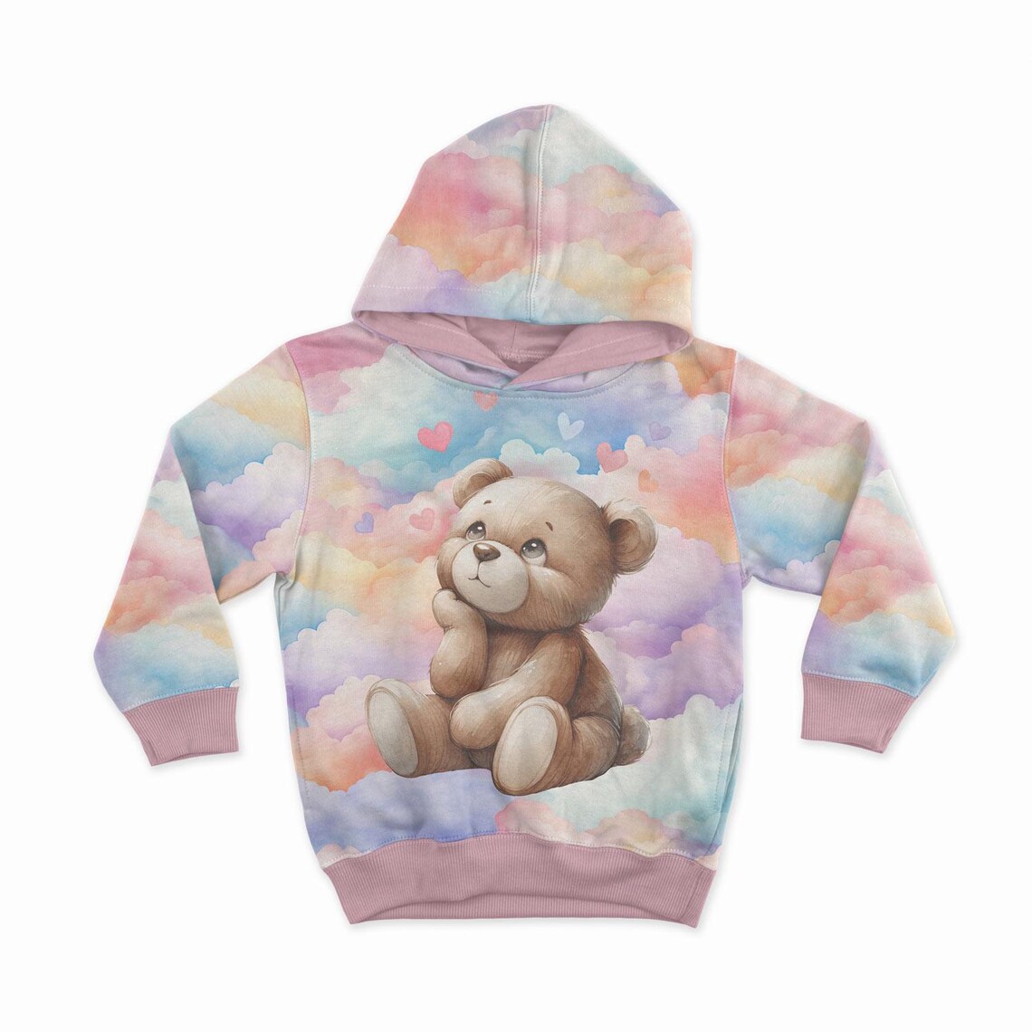 Teddy Bears Knit, Bear in Pastel Clouds Sweatshirt Fabric, Stretch ...
