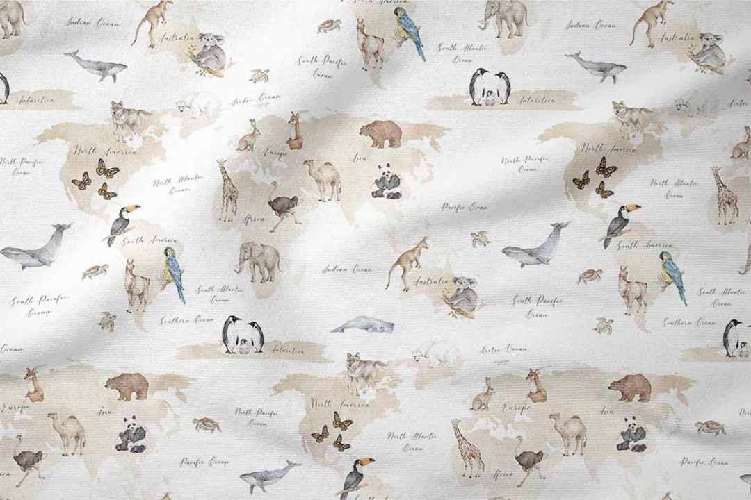 Travel Fabric, World Map With Animals Premium Cotton Fabric, Baby ...