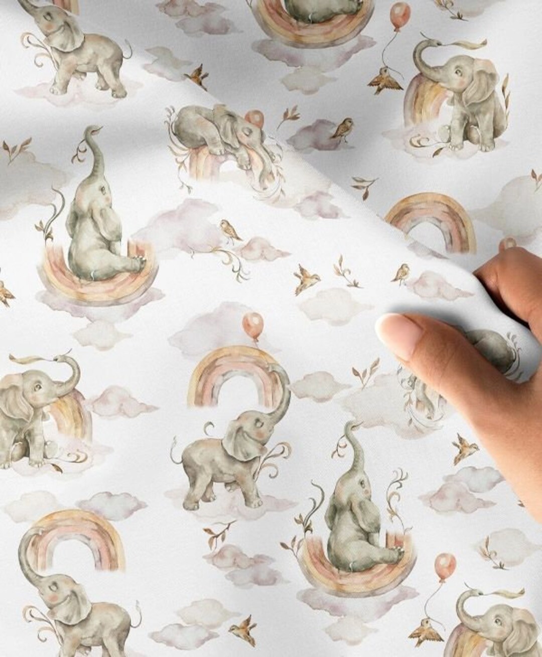 Happy Elephants on Rainbows Premium Cotton Fabric, Elephants in Sky ...