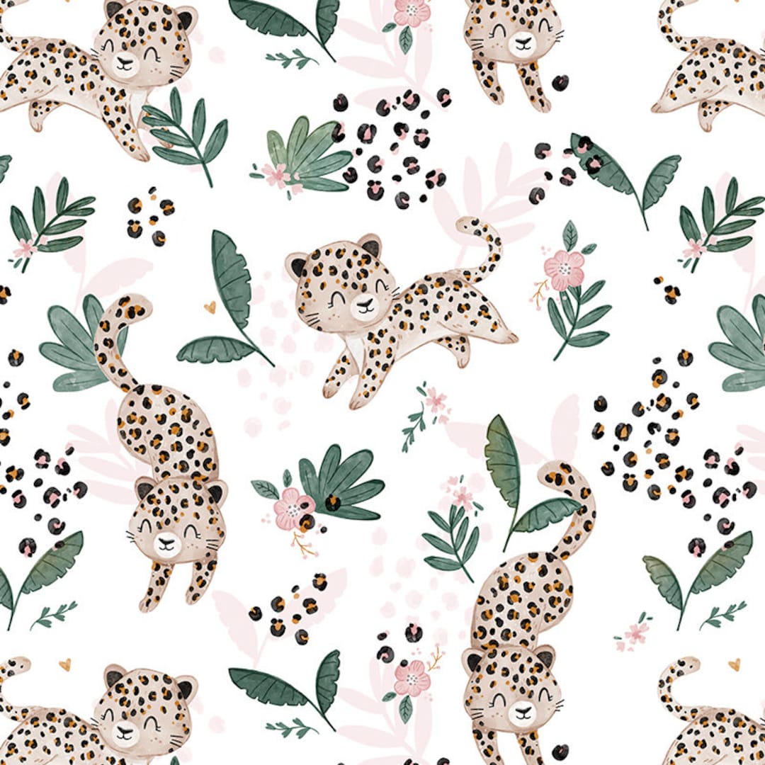 Sweet Leopards Cheetah on White Background, Premium Cotton Fabric, Cute ...