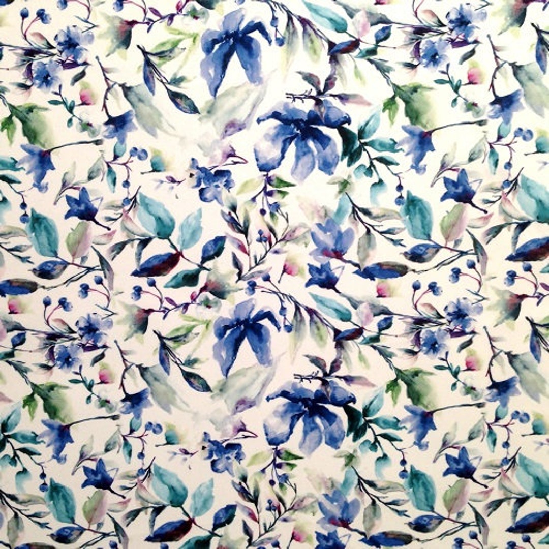 Velvet Fabric, Watercolors Blue Flowers and Green Leaves, Velor, Floral ...