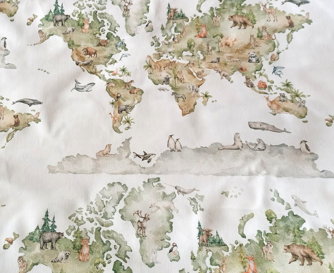 Travel Fabric, World Map With Animals Premium Cotton Fabric, Baby ...