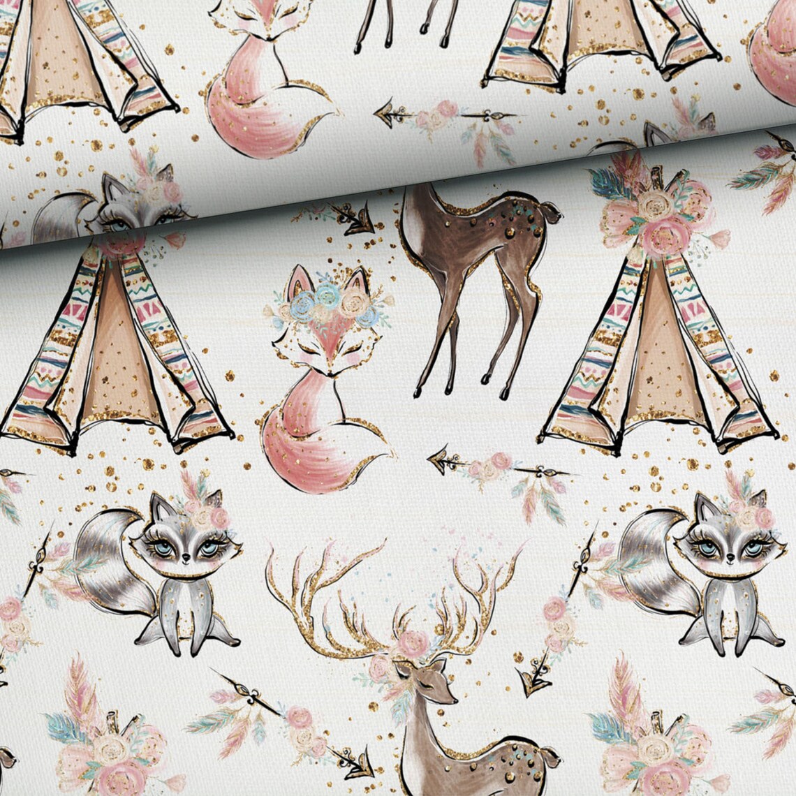 Boho Forest Animals Fabric by the half yard Tribal Woodland | Etsy
