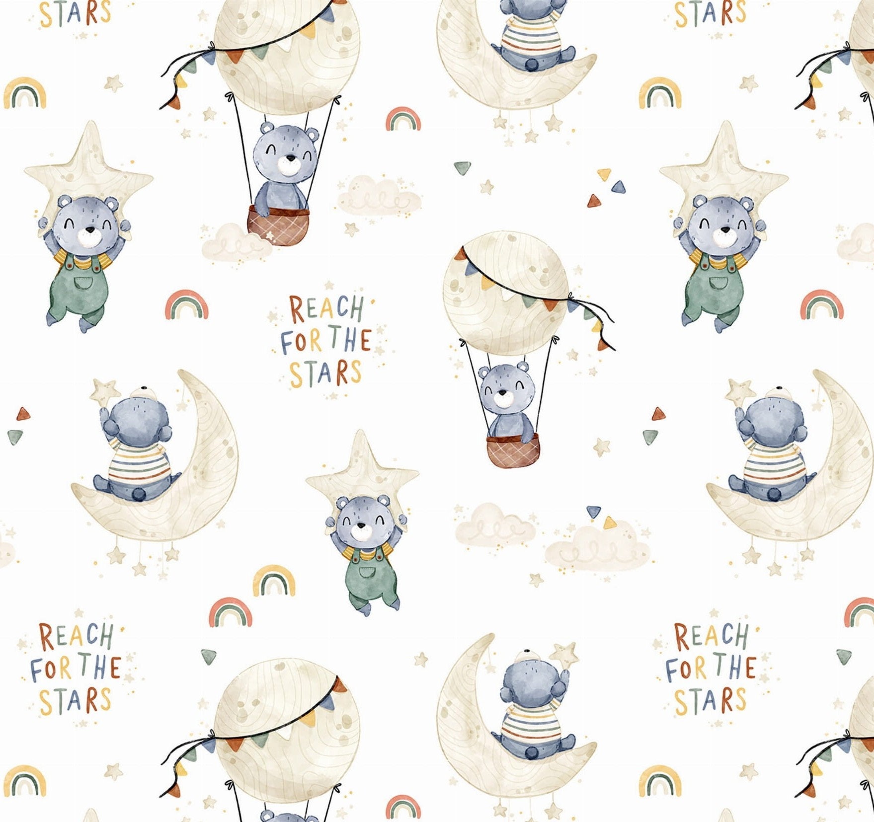 Reach for the Stars Premium Cotton Fabric, Bears in the Stars, Balloons ...