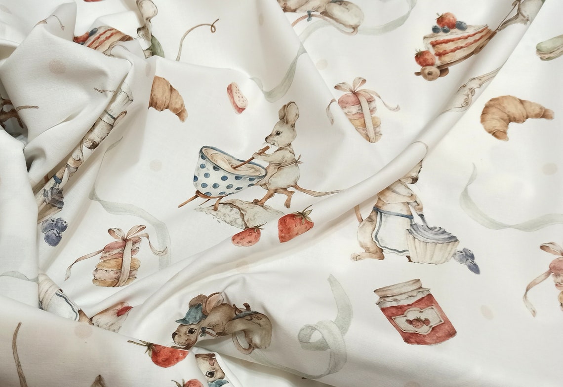 Mice in the Pastry Shop Cotton Fabric, Premium Cotton Fabric, Mouse ...