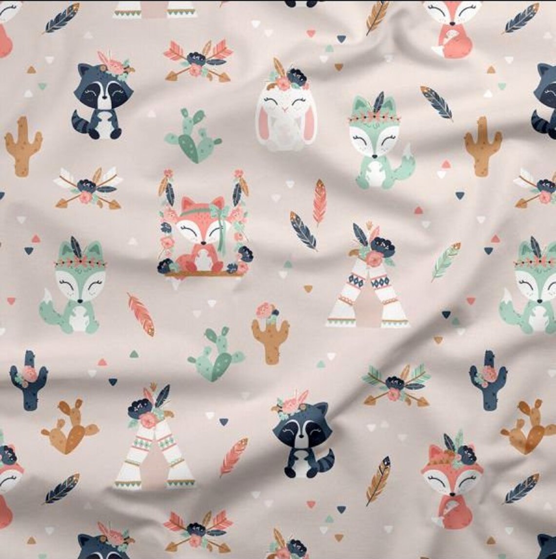 Bohemian Friends Cotton Fabric Boho Forest Animals Tribal | Etsy