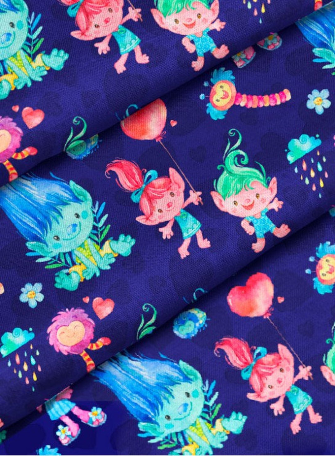 Colorful Trolls Fabric Premium Cotton by the Yard, Trolls on Navy Blue ...