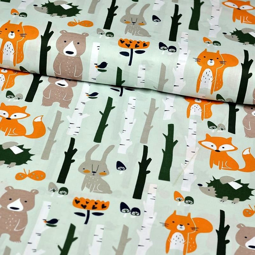Forest Animals Fabric, Woodland Fabric, Wild Animals in Forest on Mint ...