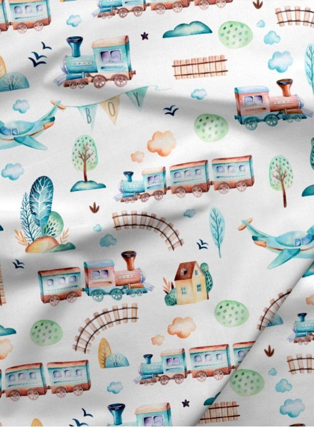 Trains Cotton Fabric, Fabric for Boy, Trains Plane Print on White ...