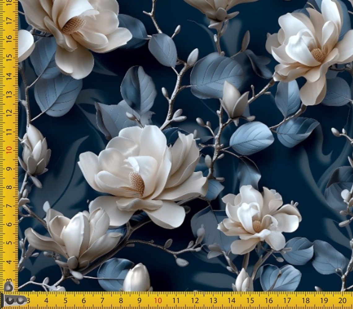 1 Meter Italian Velvet, Magnolia Flowers Velvet Fabric, Flowers Pattern ...