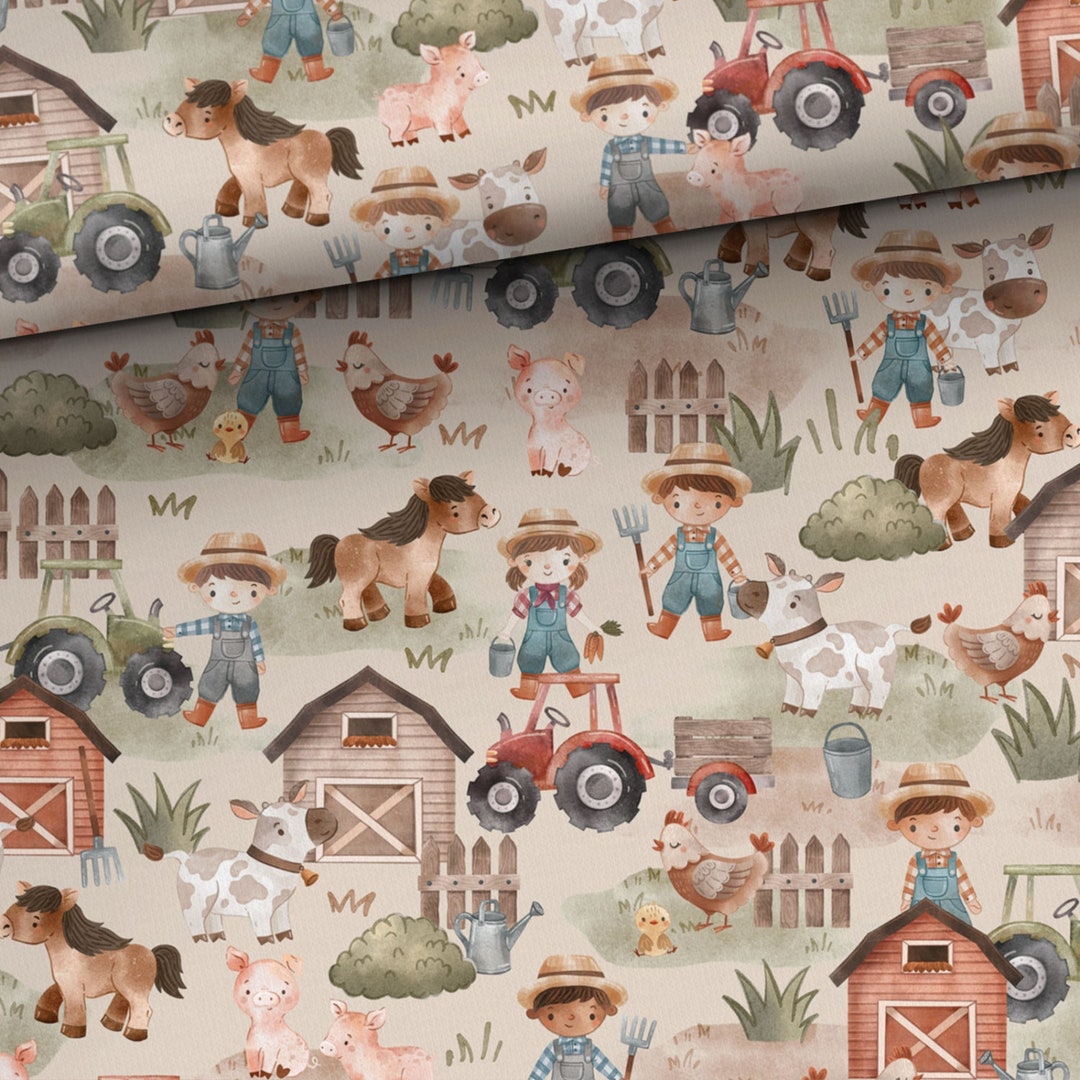 Farm Animals, Farmer and Tractor Sweatshirt Fabric, Stretch Knitwear ...