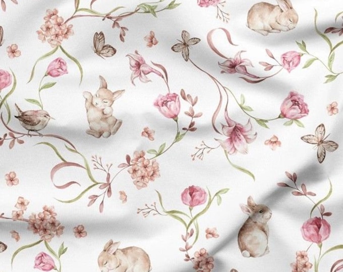 Rest 100 Cm Cute Bunnies Butterflies in Flowers Premium Cotton Fabric ...