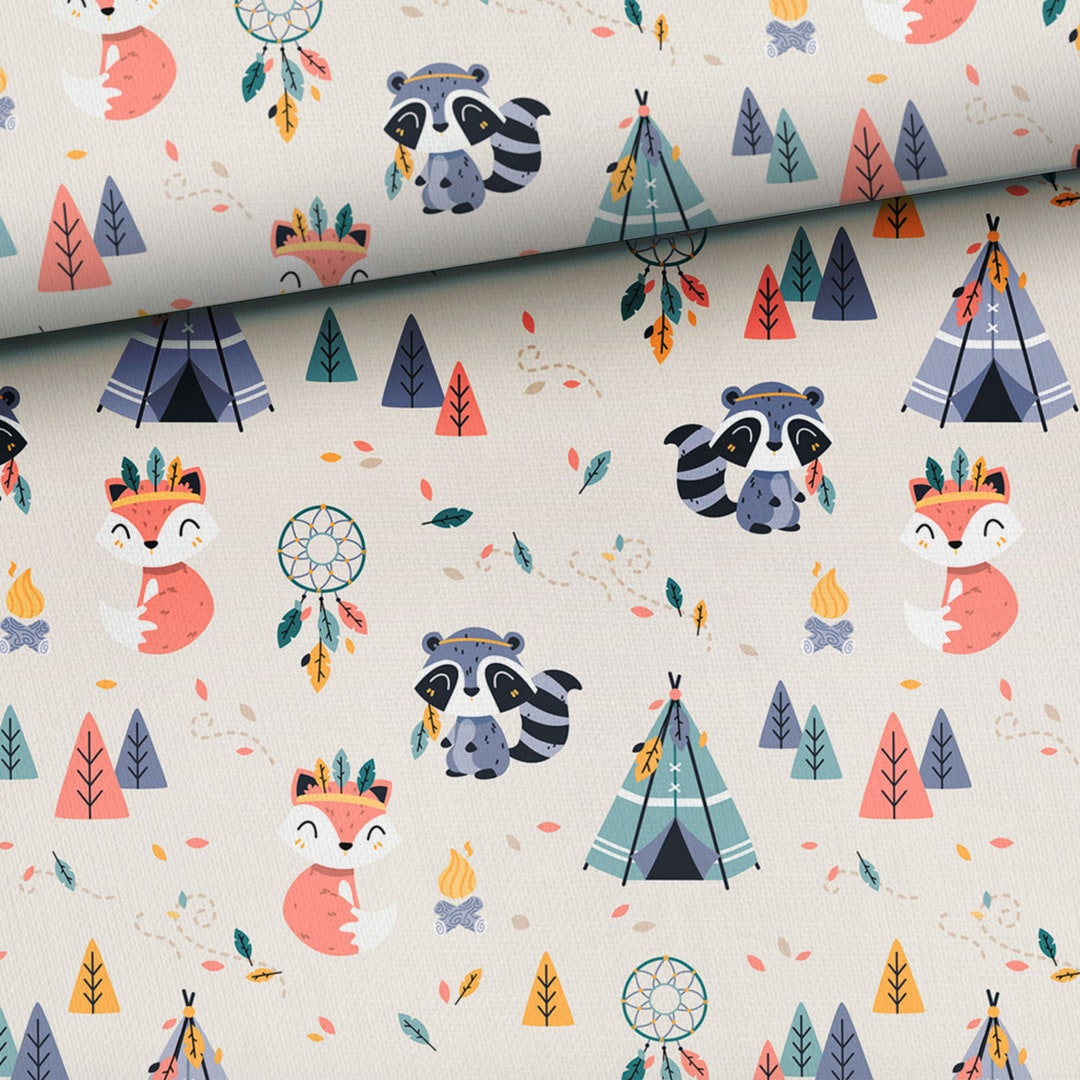Boho Forest Animals Fabric by the Half Yard, Tribal Woodland Fabric ...