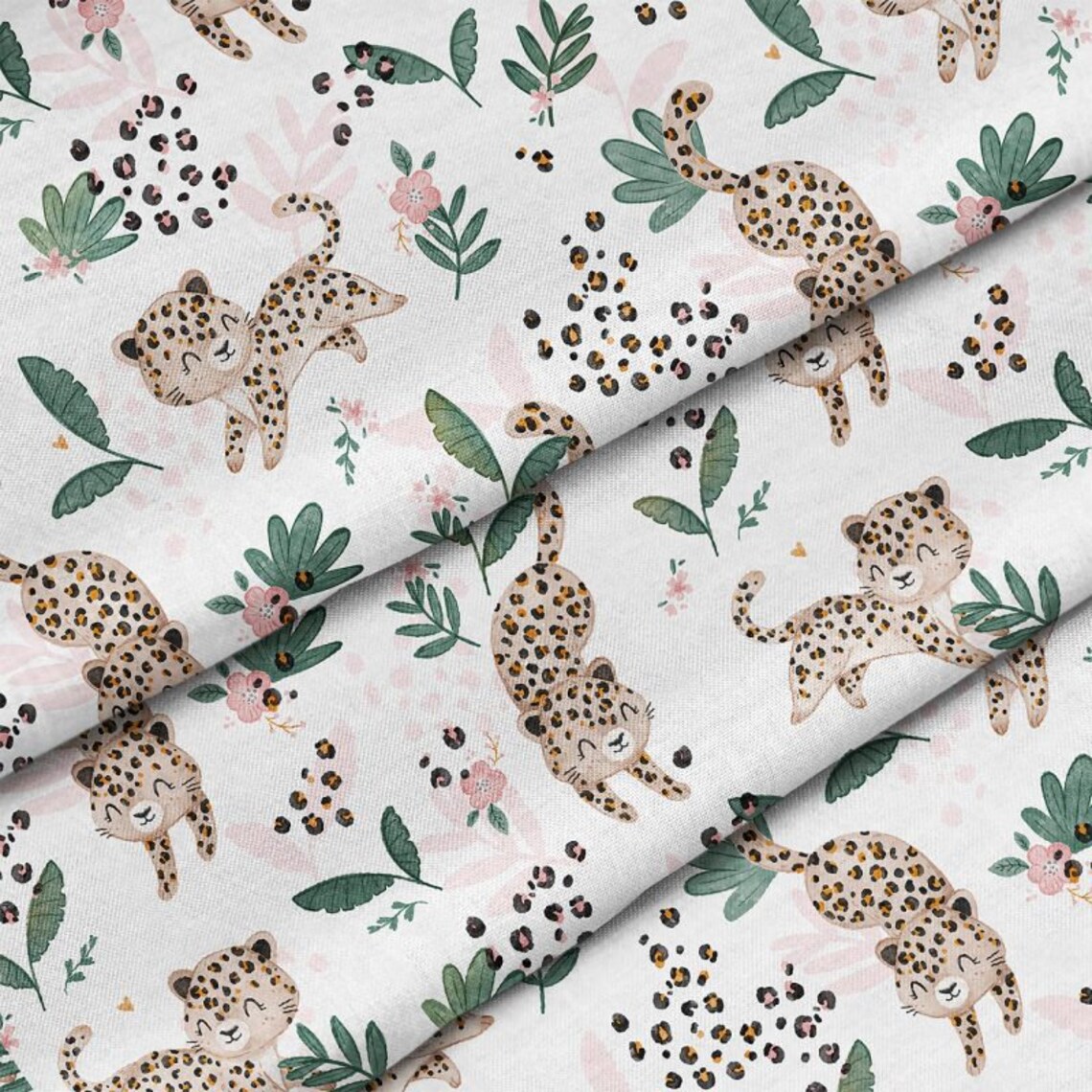Sweet Leopards Cheetah on White Background, Premium Cotton Fabric, Cute ...