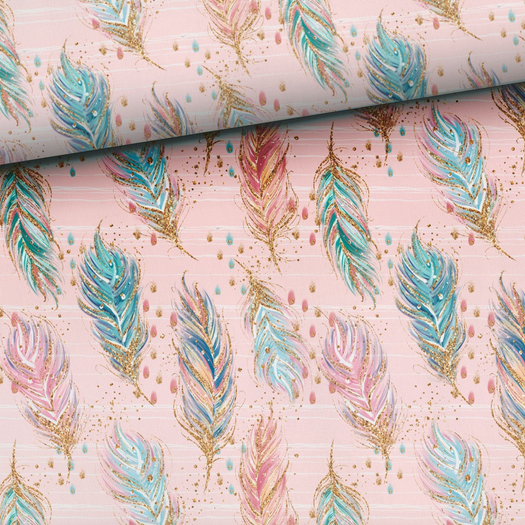 Boho Feathers Cotton Fabric, Rainbow Feathers on Pink Gold Background ...