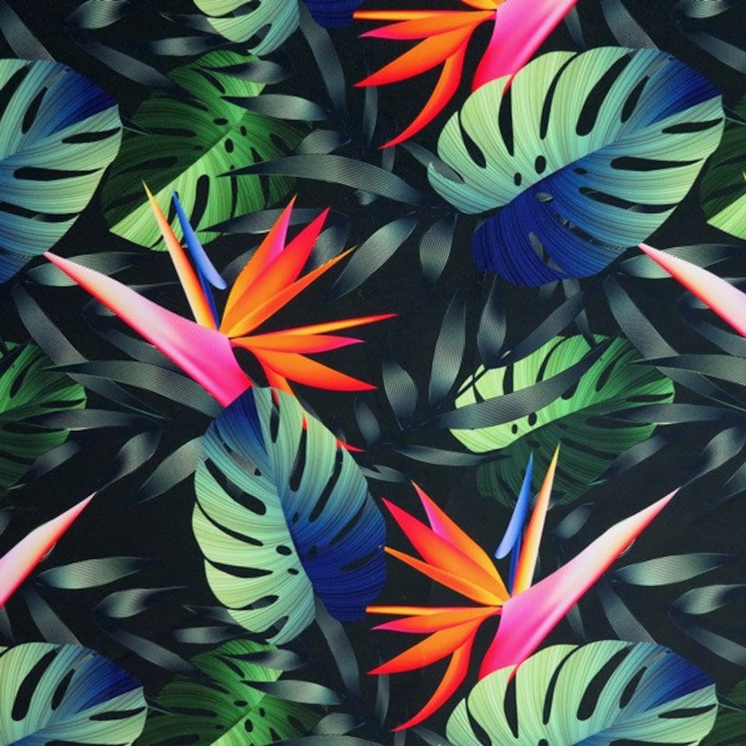 Monstera Leafs Italian Velvet Fabric, Strelitzia Flowers, Upholstery ...