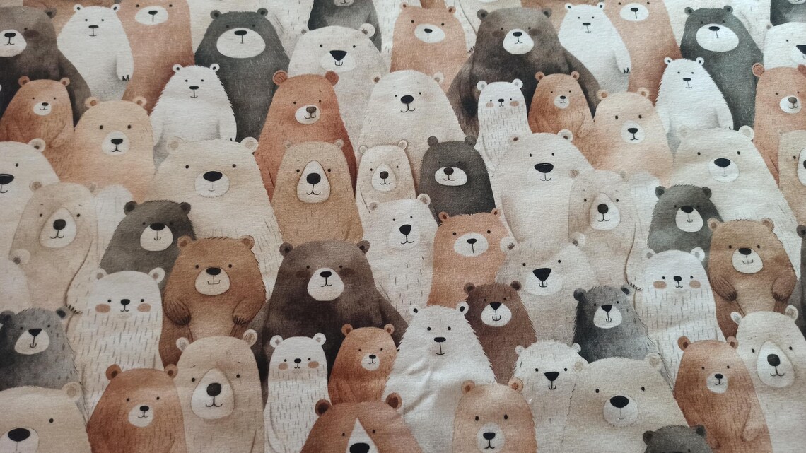 Beige Brown Teddy Bears Knit, Bear Cubs Sweatshirt Fabric, Stretch ...