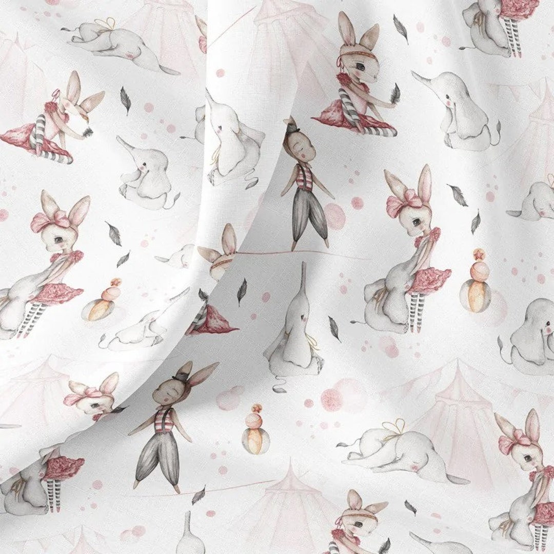 Bunny Ballerina and Elephants in Circus Premium Cotton Fabric, Rabbits ...
