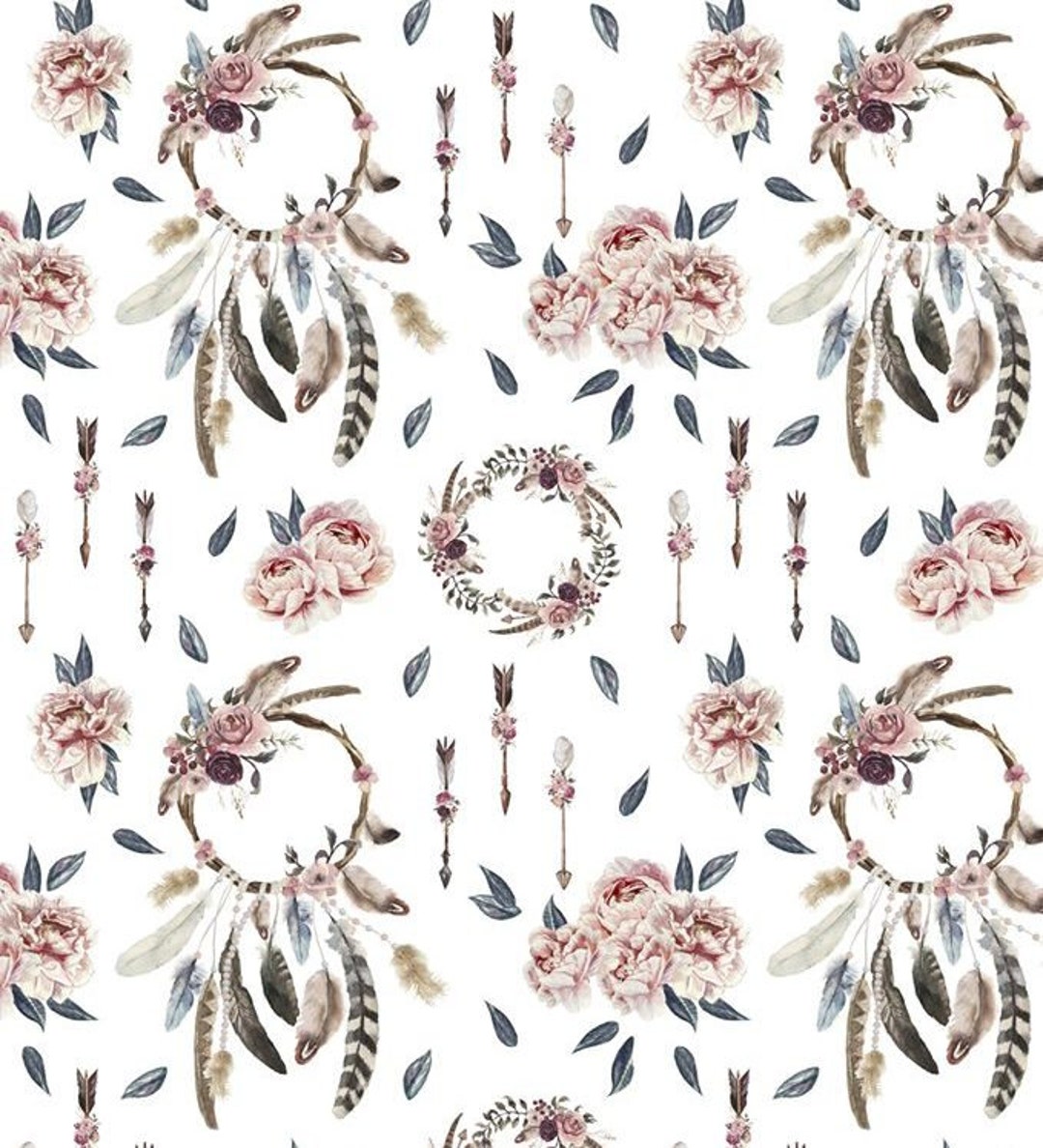 Boho Dream Catchers Cotton Fabric, Flowers Peonies, Pink Roses, Arrows ...