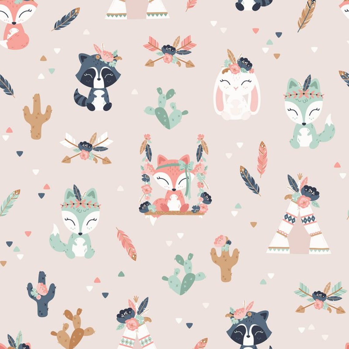 Bohemian Friends Cotton Fabric Boho Forest Animals Tribal - Etsy