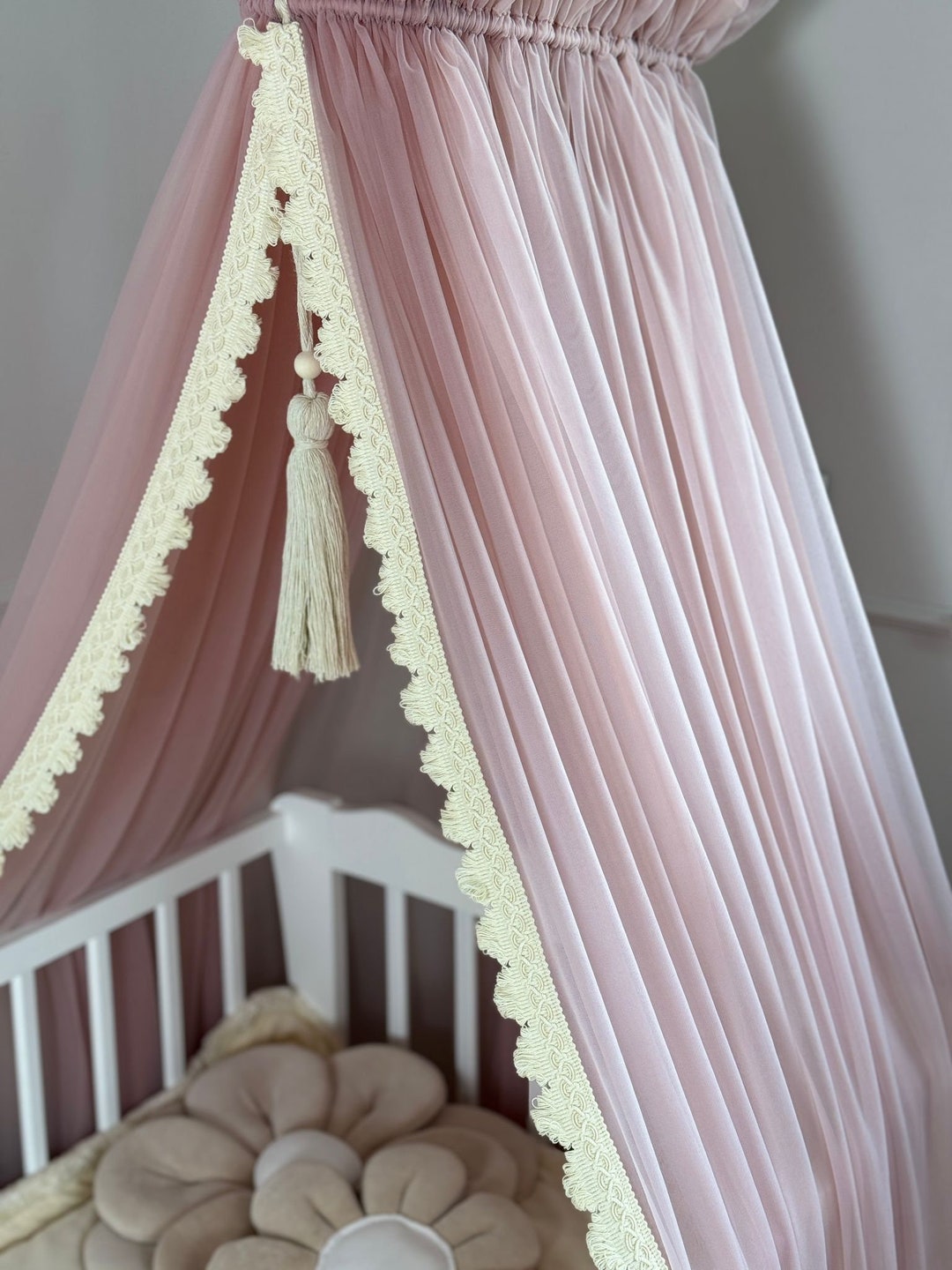 Boho Canopy for Baby Bed, Tulle Canopy for Child, Tassel, Metal Frame ...