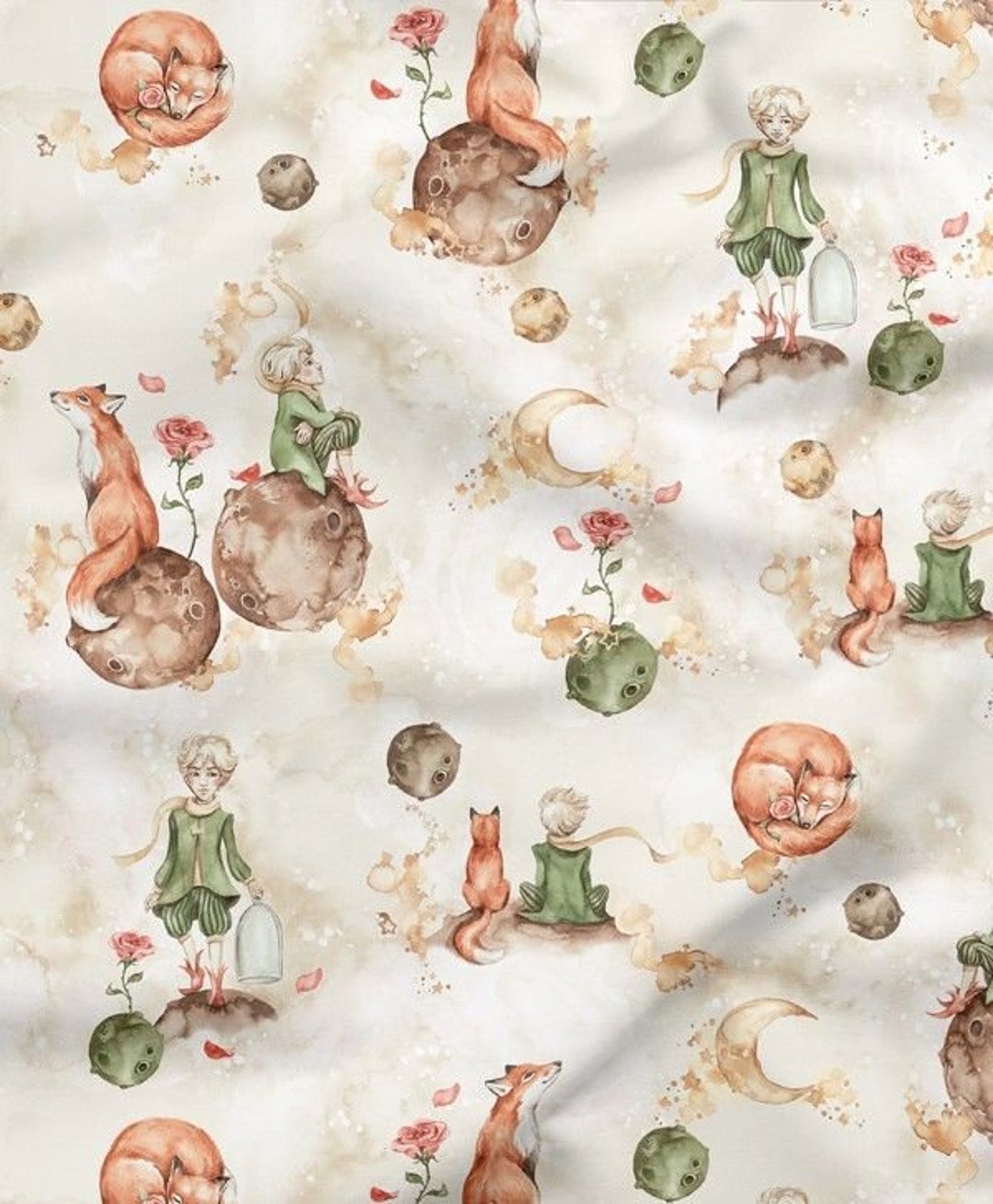 Little Prince Cotton Fabric, Boy's Fabric, Little Prince on Beige, Fox ...