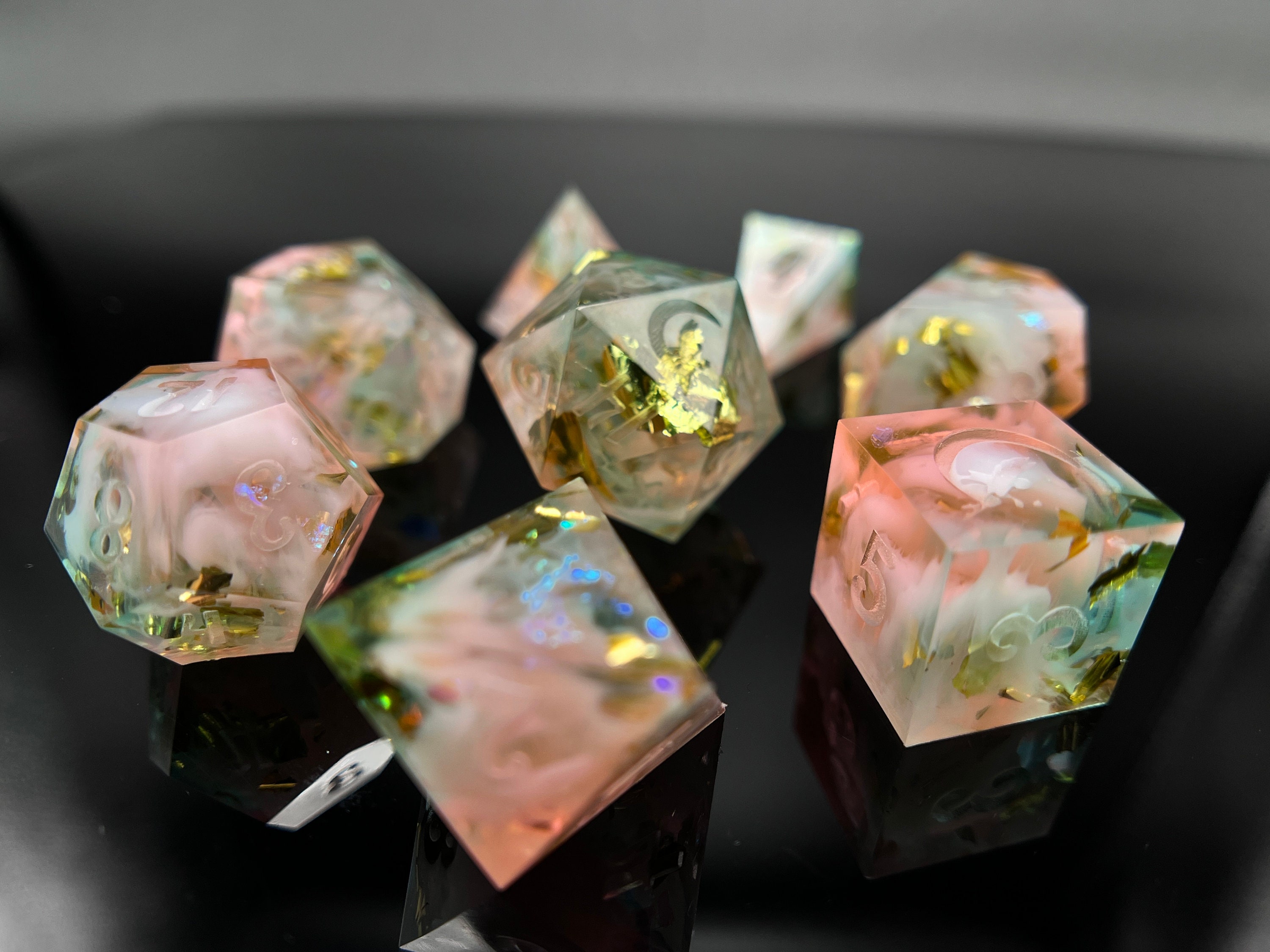 Briar Rose Dice Set | Pink and Green Dice | Cloud Dice | Gold Dice ...
