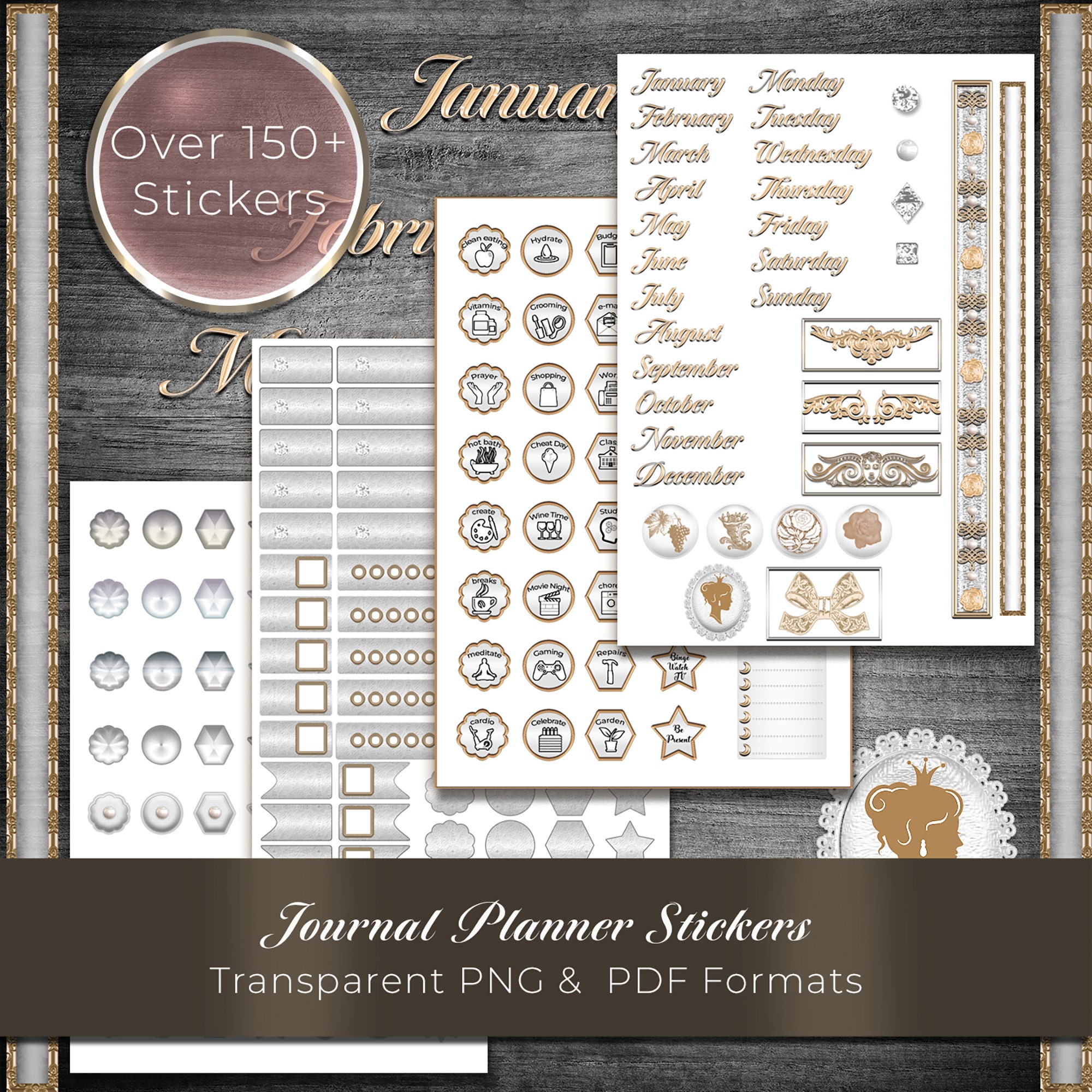 Victorian White Gold Planner, Stickers, Printable Journal Pages ...