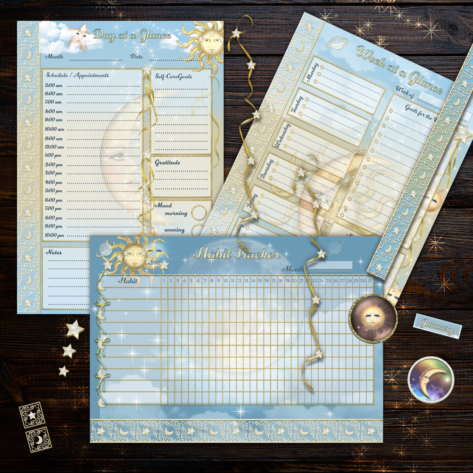Celestial Daily Planner, Vintage Printable Planner Pages, Weekly ...