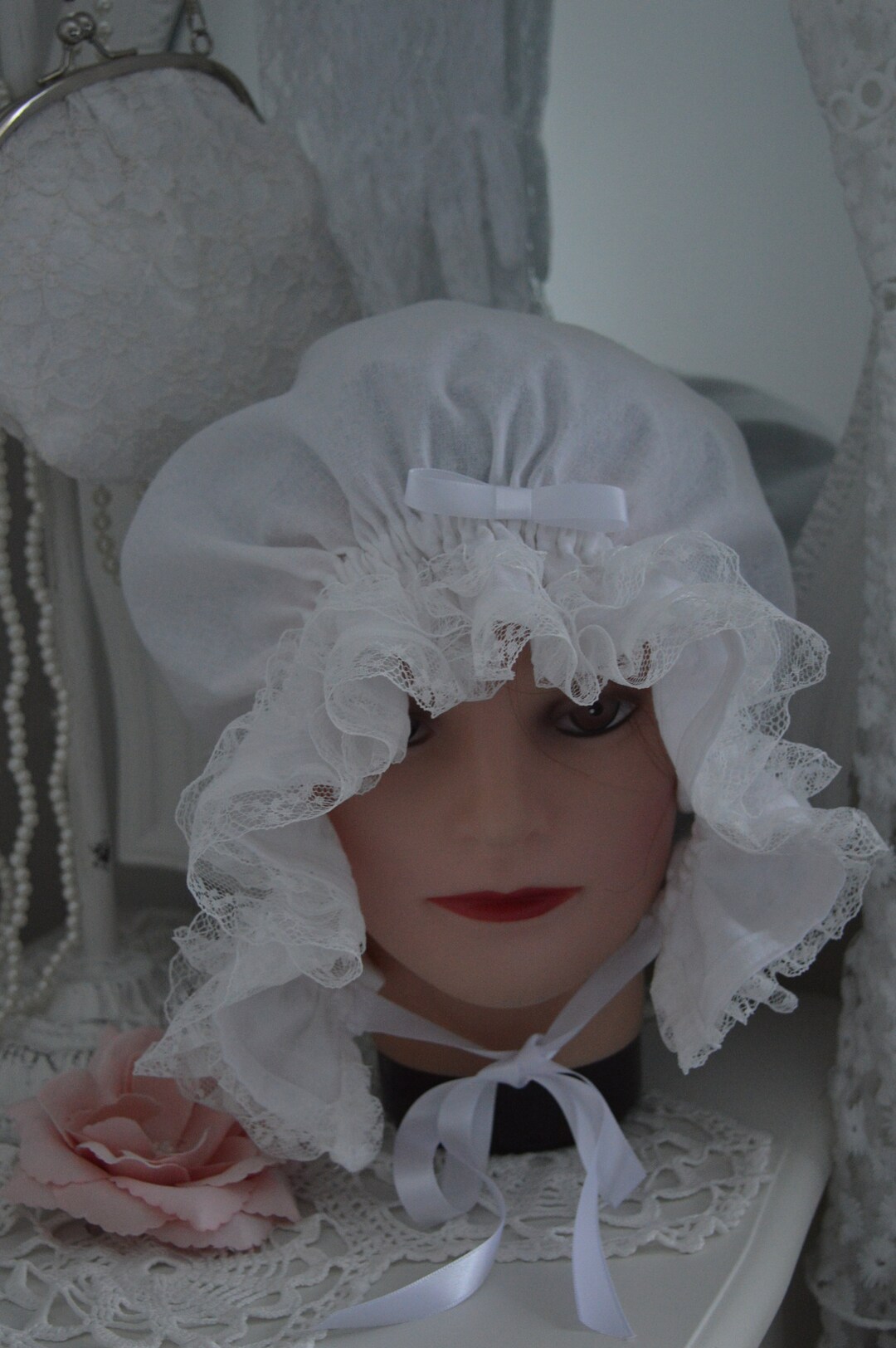 White Cotton Bonnet Hat With Lace Frill for Women White - Etsy Finland