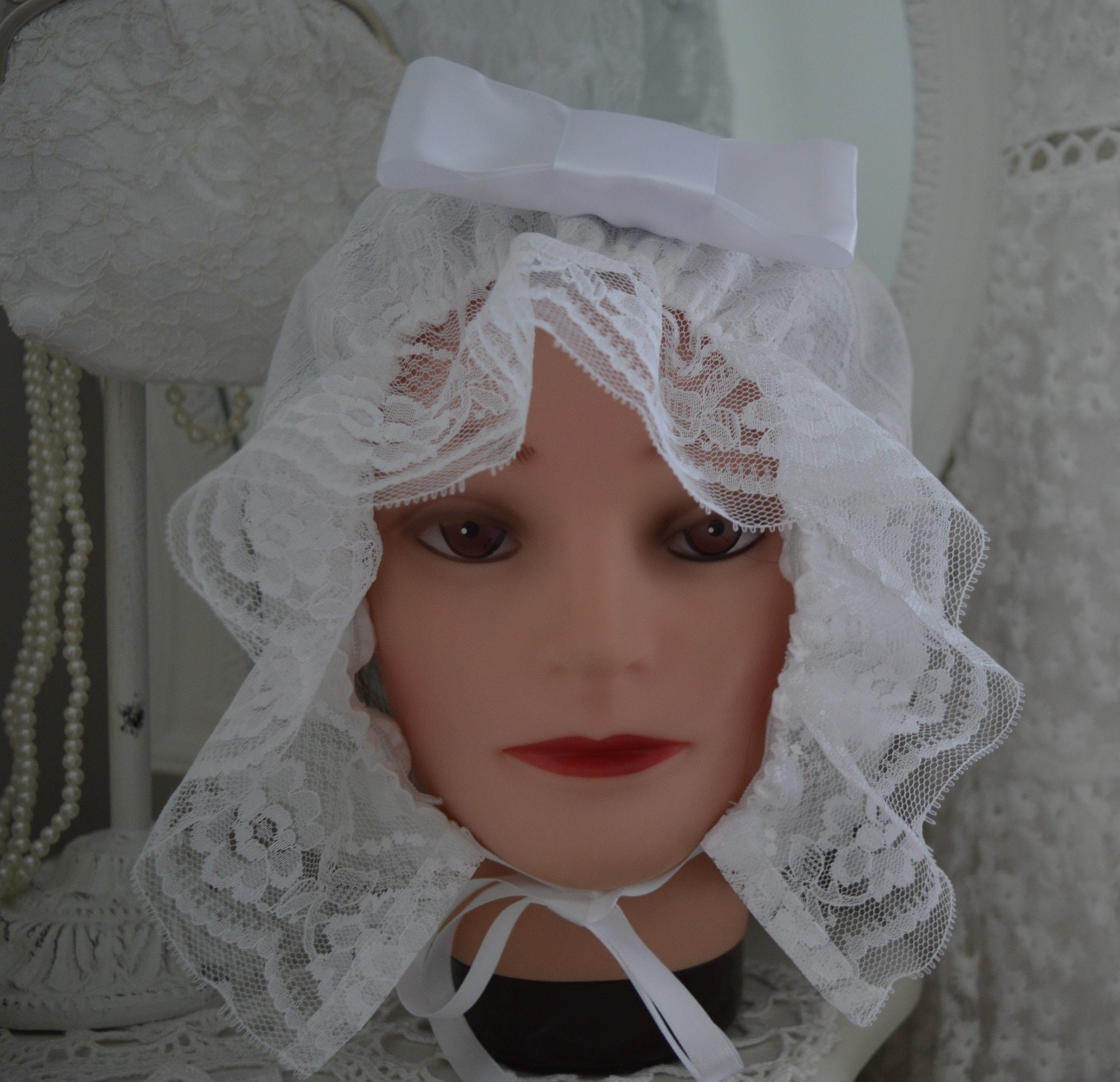 Victorian Edwardian Ladies Cotton Lace Bonnet Hat With Bow White ...