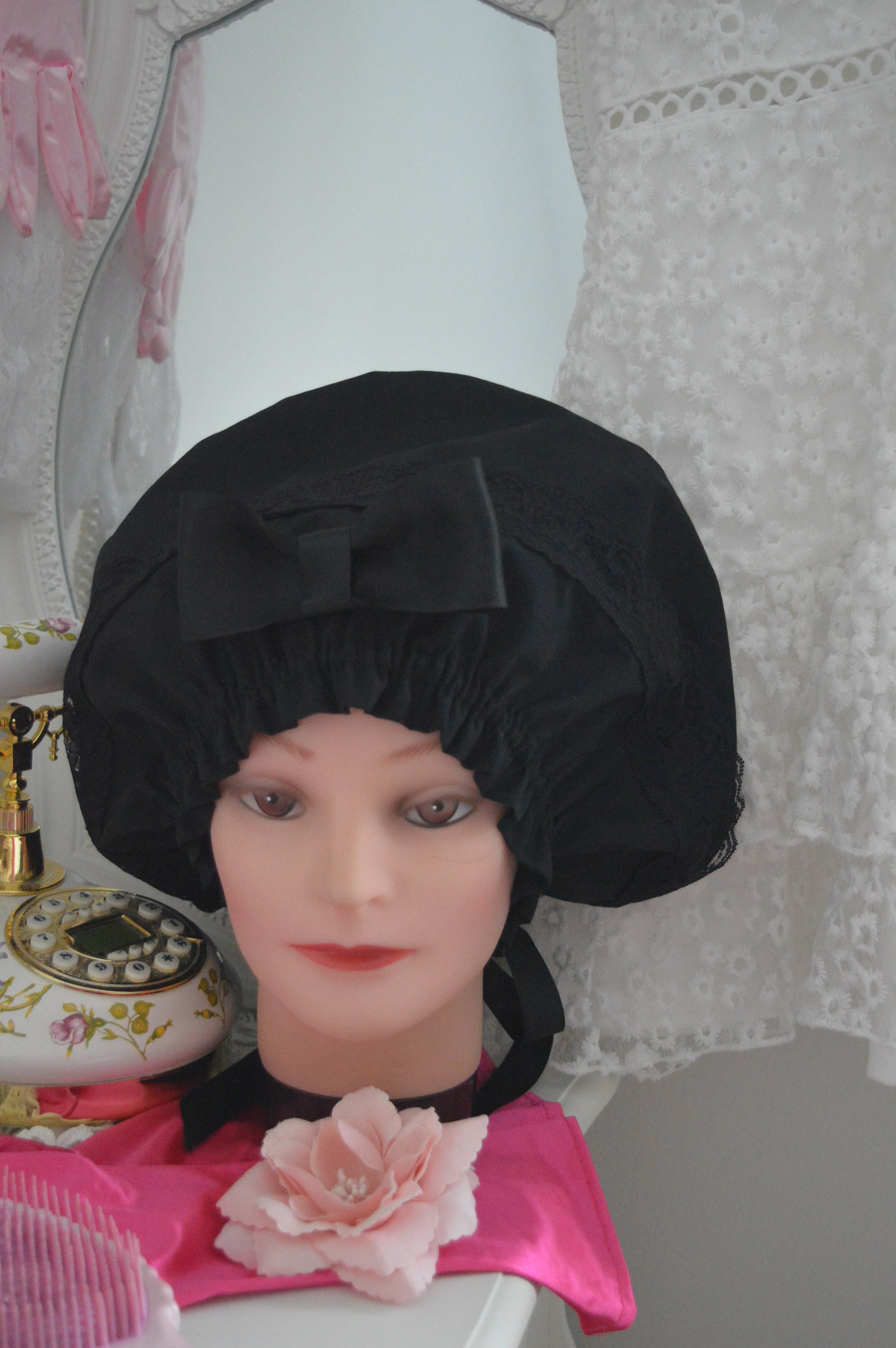 Black Cotton Bonnet Hat With Lace and Bow for Women, Black Cotton ...