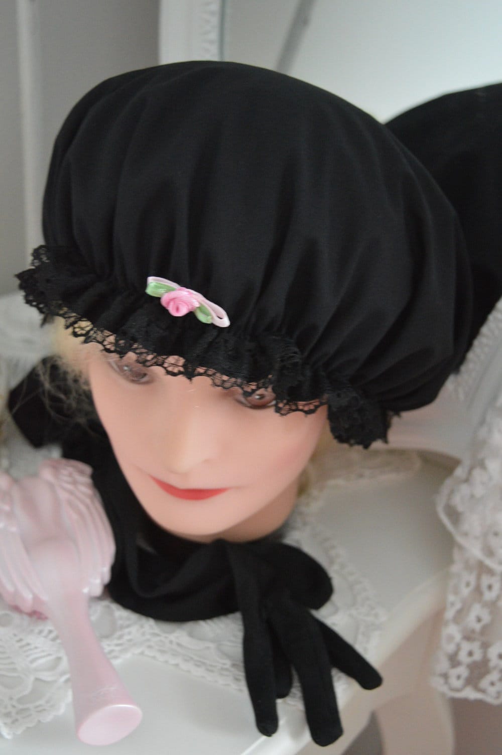 Granny Mop Cap Black, Vintage Style Granny Mop Cap Mob Cap Black ...
