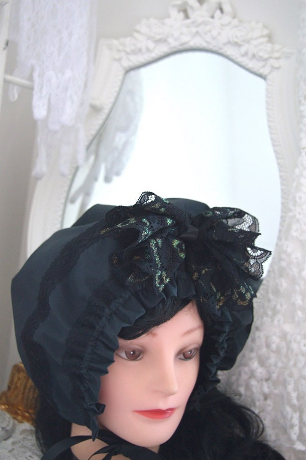 Black Cotton Bonnet Hat With Lace and Bow for Women Deluxe, Black ...