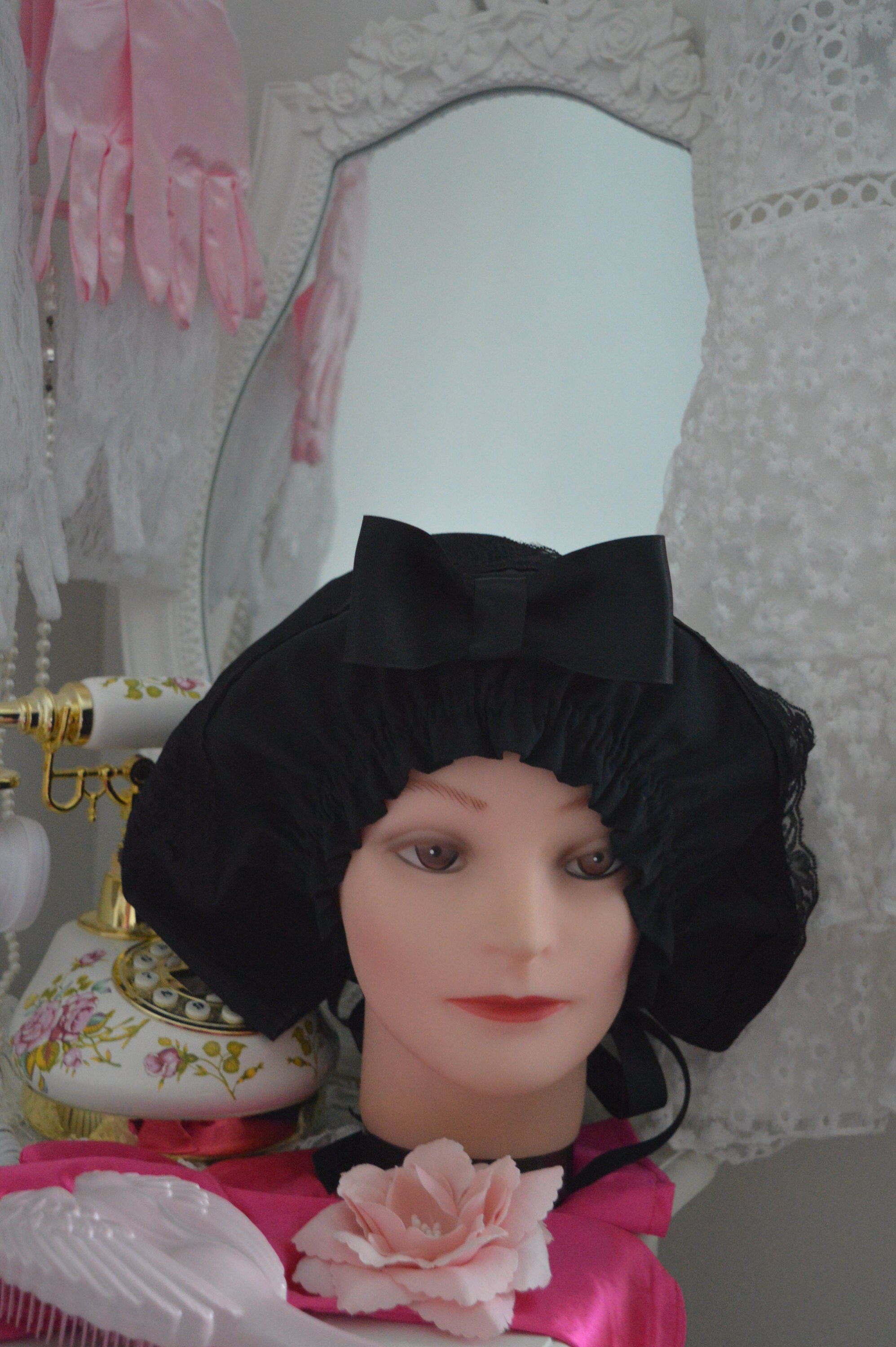 Black Cotton Bonnet Hat With Lace and Bow for Women, Black Cotton ...