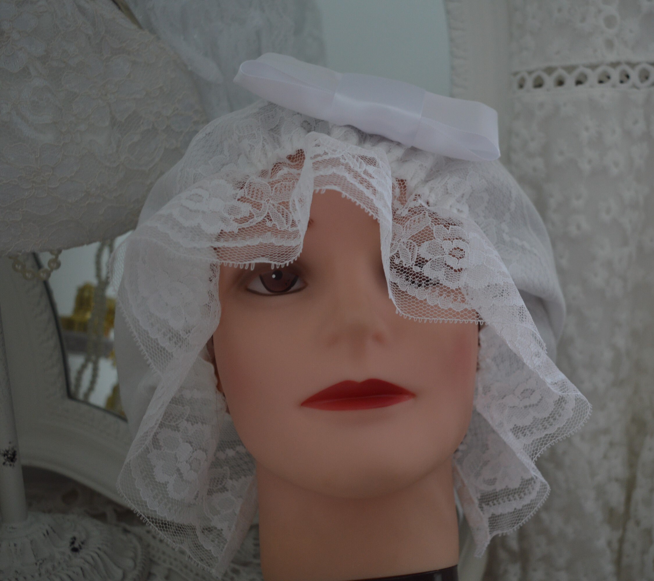 Victorian Edwardian Ladies Cotton Lace Bonnet Hat With Bow White ...