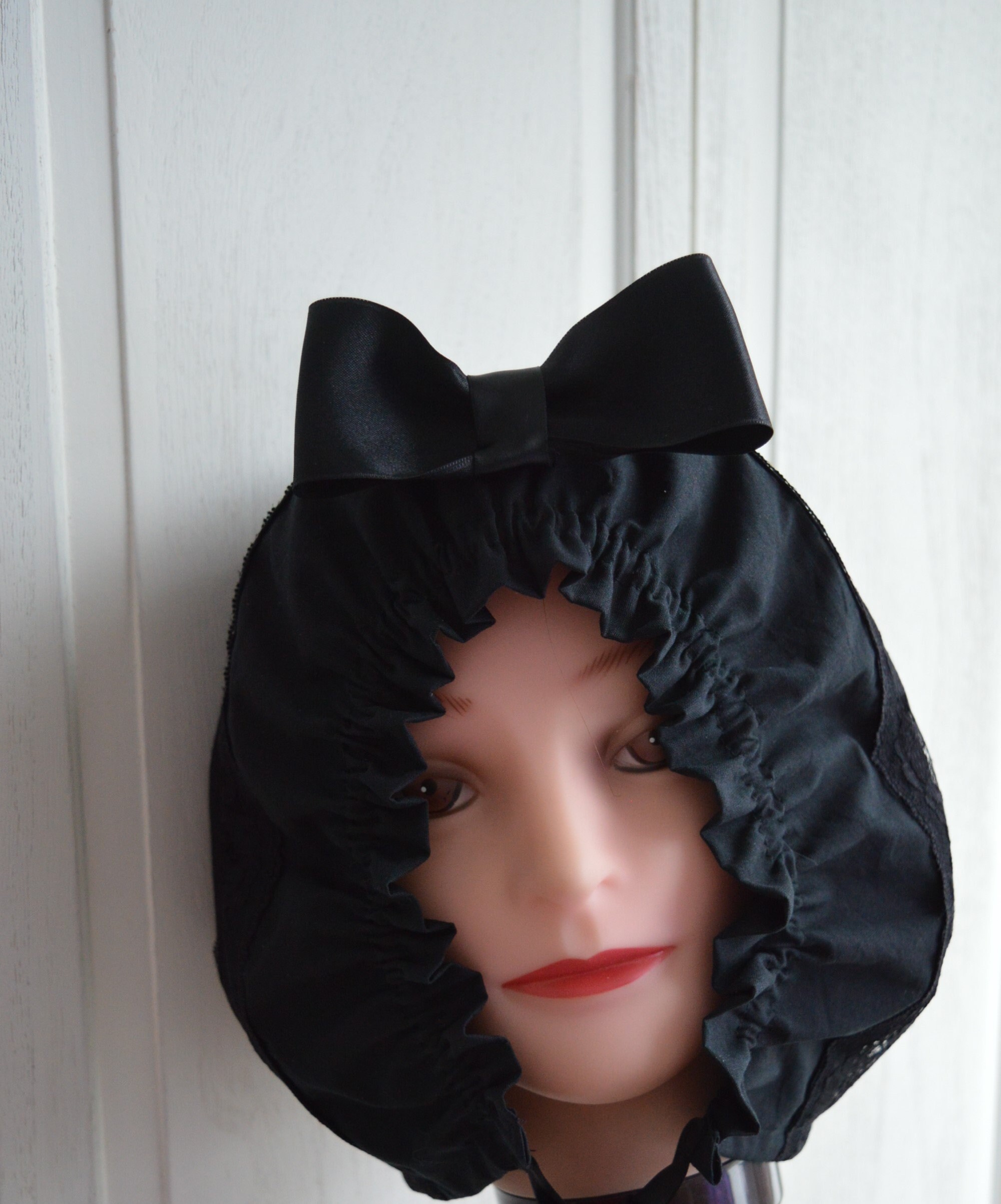 Black Cotton Bonnet Hat With Lace and Bow for Women, Black Cotton ...