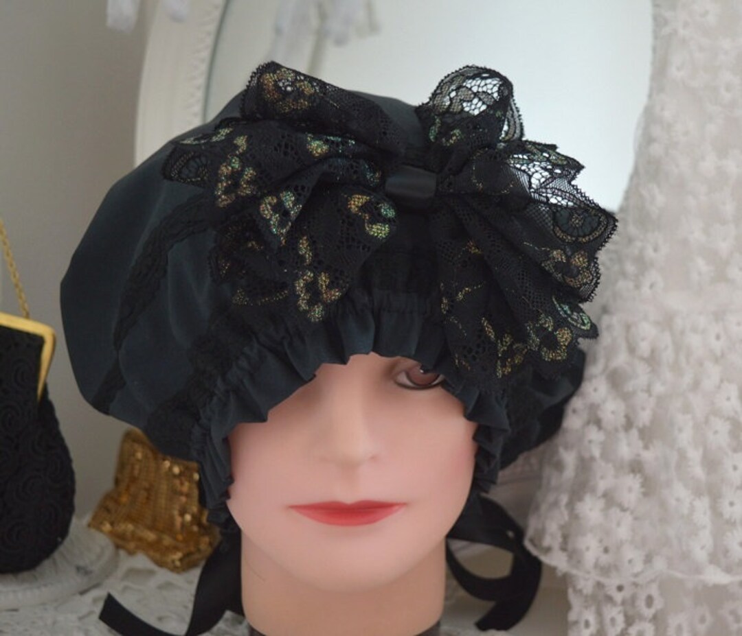 Black Cotton Bonnet Hat With Lace and Bow for Women Deluxe, Black ...