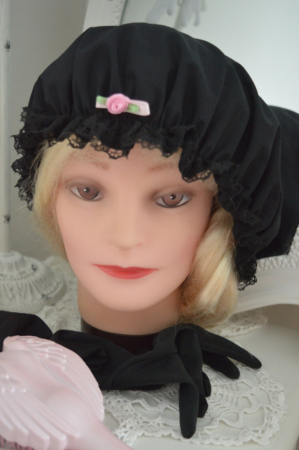 Granny Mop Cap Black, Vintage Style Granny Mop Cap Mob Cap Black ...